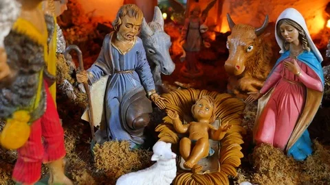 nativity scene with hand-colored figures... | Stock Video | Pond5
