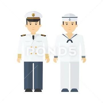 Naval captain and shipboy. Flat vector cartoon illustration: Royalty ...