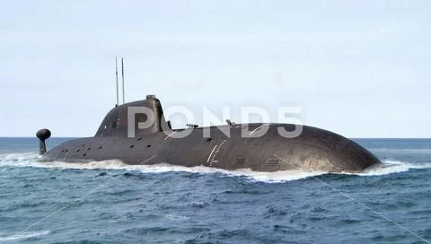Naval modern submarine on open sea surface. ~ Hi Res #104529573