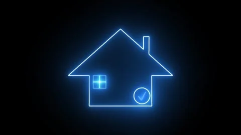 Neon glowing home with tick mark icon an... | Stock Video | Pond5