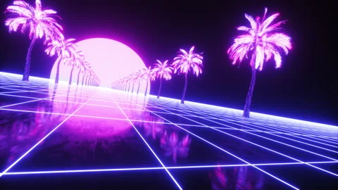 Neon Glowing Synthwave Road and Palms | Stock Video | Pond5