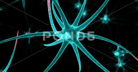 Neon neuron cells on the black background. 3D illustration Illustration ...