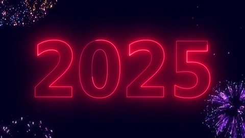 Neon red 2025 on dark blue with firework... | Stock Video | Pond5
