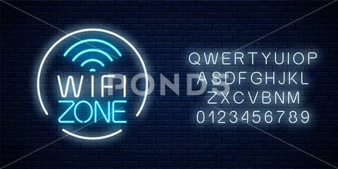 Neon sign of free wifi zone in circle frame with alphabet. Wireless ...