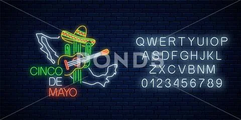 Neon sinco de mayo sign with mexico map with alphabet. Mexican festival ...