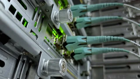 Network server room with fiber optic hub... | Stock Video | Pond5
