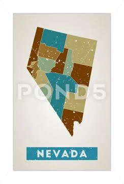 Nevada map. Us state poster with regions. Old grunge texture. Shape of ...