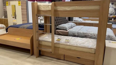 New wooden bunk bed with ladder for home | Stock Video | Pond5