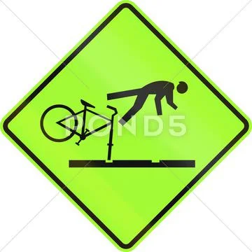 New Zealand road sign - Cyclists take care on rail tracks - Fluorescent ...