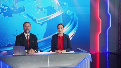 News Studio Talk Show Two Newscasters Re... | Stock Video | Pond5