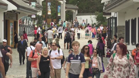 Ngong Ping village, entrance to Tien Tan... | Stock Video | Pond5