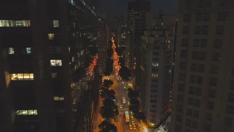 Night aerial move past business office t... | Stock Video | Pond5