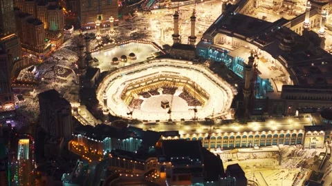 Night aerial view of the Kaaba surrounde... | Stock Video | Pond5