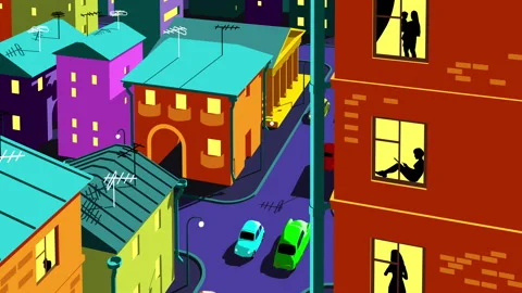 Night cartoon city with silhouettes in t... | Stock Video | Pond5