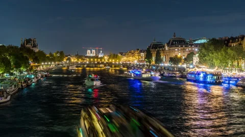 Night Cruises over Seine River at Paris ... | Stock Video | Pond5