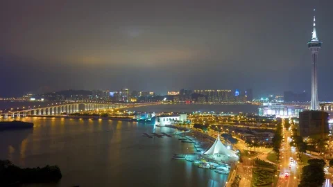 night macau bay famous bridge tower roof... | Stock Video | Pond5