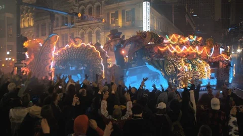 Night parade of crowd and floats at Mard... | Stock Video | Pond5