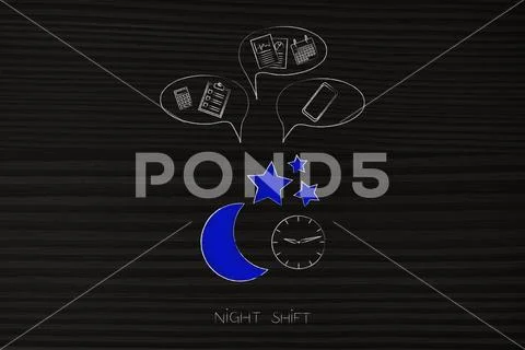 Night shift moon icon and clock with comic bubbles and office objects ...