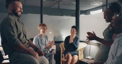Night, team and office applause for succ... | Stock Video | Pond5
