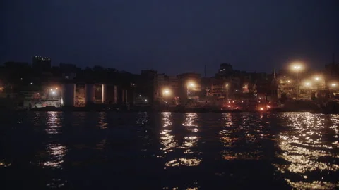 Night View of Varanasi And The Ganges | Stock Video | Pond5