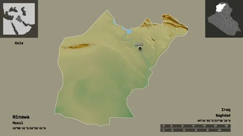 Ninawa location. Iraq. Relief map | Stock Video | Pond5