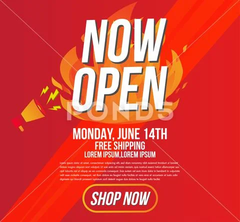 Now open shop or new store red and orange color fire sign: Royalty Free ...