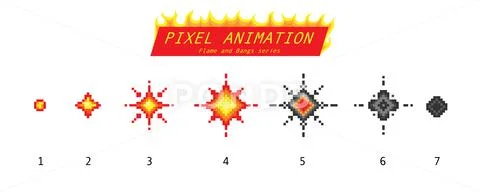 Nuclear explosion. Pixel art 8 bit fire objects. Game icons set. Comic ...