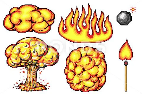 Nuclear explosion. Pixel art 8 bit fire objects. Mushroom cloud. Game ...