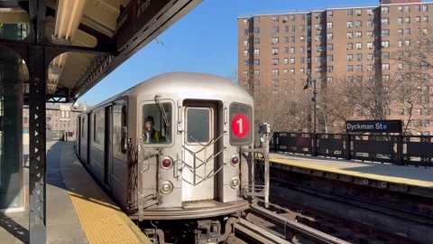 NYC subway 1 train entering elevated sta... | Stock Video | Pond5