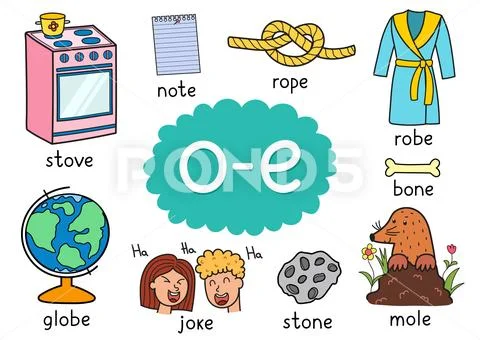 O-e digraph spelling rule educational poster for kids with words: Royalty Free #236628954