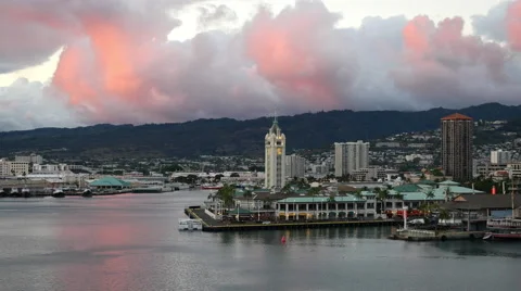 Oahu Honolulu Aloha Tower at sunset with... | Stock Video | Pond5