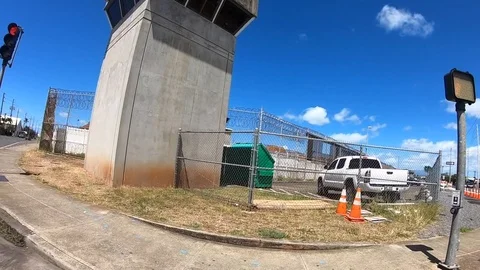 Oahu prison outside perimeter razor wire... | Stock Video | Pond5