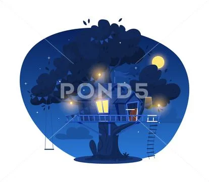 Oak tree with assembled treehouse at night, flat vector illustration ...