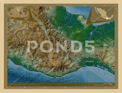 Oaxaca, Mexico. Physical. Labelled points of cities Illustration #220209440