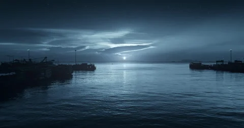 Ocean port in full moon blue night aeria... | Stock Video | Pond5