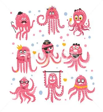 Octopus Emoticon Icons With Funny Cute Cartoon Marine Animal Characters ...