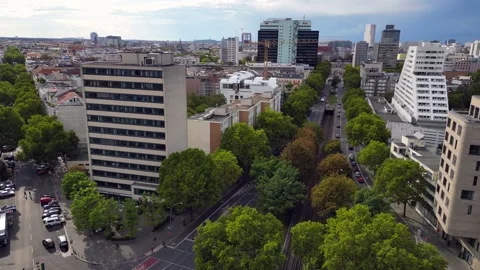 Office building at intersection with rai... | Stock Video | Pond5