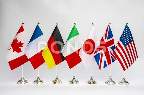 Office flags of the countries of the G7 block on a light background ...