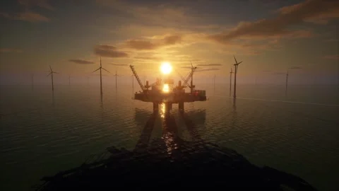 Offshore Oil Rig and Wind Turbines at Su... | Stock Video | Pond5