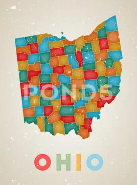 Ohio map. Us state poster with colored regions. Old grunge texture ...