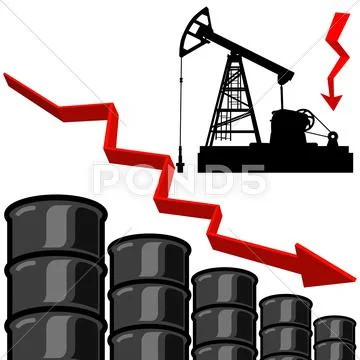Oil barrel graph with red arrow pointing down. vector illustration ...