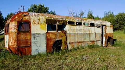 Old abandoned radioactive bus in Chernob... | Stock Video | Pond5