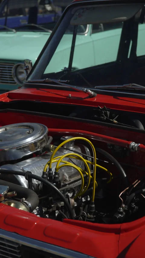 Old car without hood stands on open air ... | Stock Video | Pond5