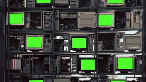 Old Damaged Computers Wall With Green Sc... | Stock Video | Pond5