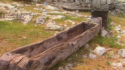 Old empty wooden trough for water. Woode... | Stock Video | Pond5