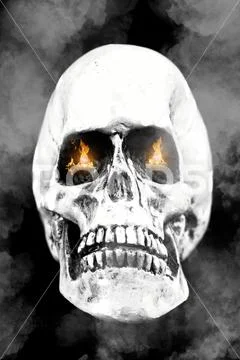 Old human white skull including teeth with flames in eye sockets. Stock ...