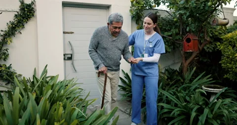 Old man, nurse and helping hand to walk ... | Stock Video | Pond5