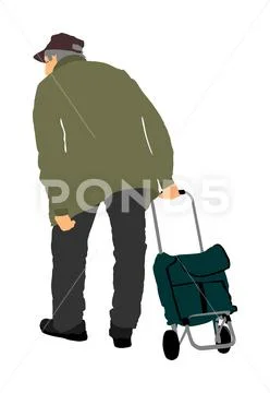 Old man walking with trolley bag in market, vector illustration ...
