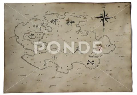 Old medieval pirate map with a treasure island. Pen drawing on vintage ...