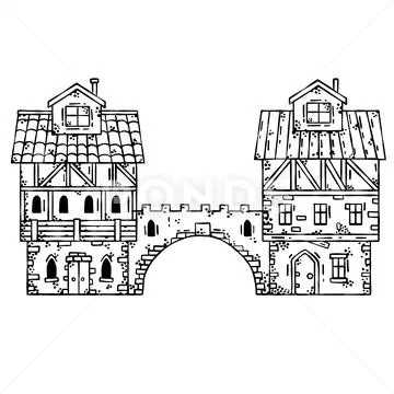 Old medieval town with gate and bridge. Illustration #198736684